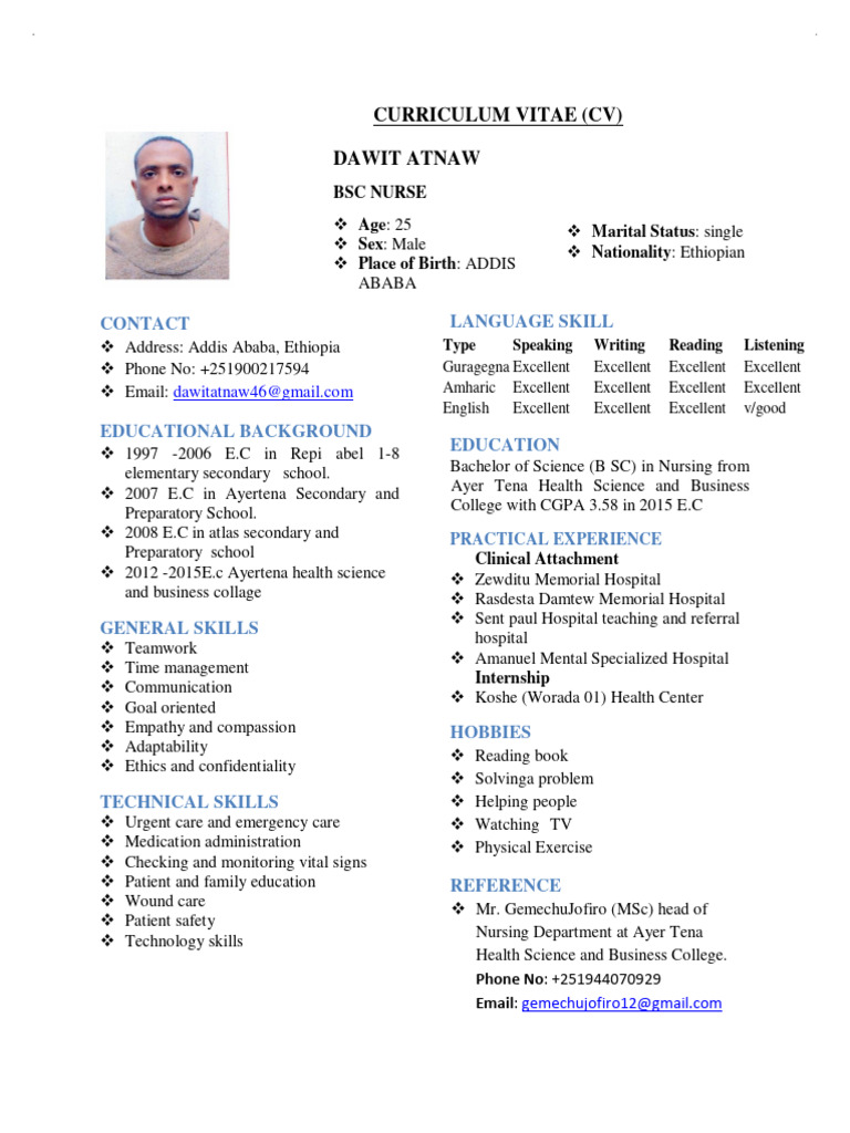 Dawit Atnaw Cv 1 | PDF | Nursing | Hospital