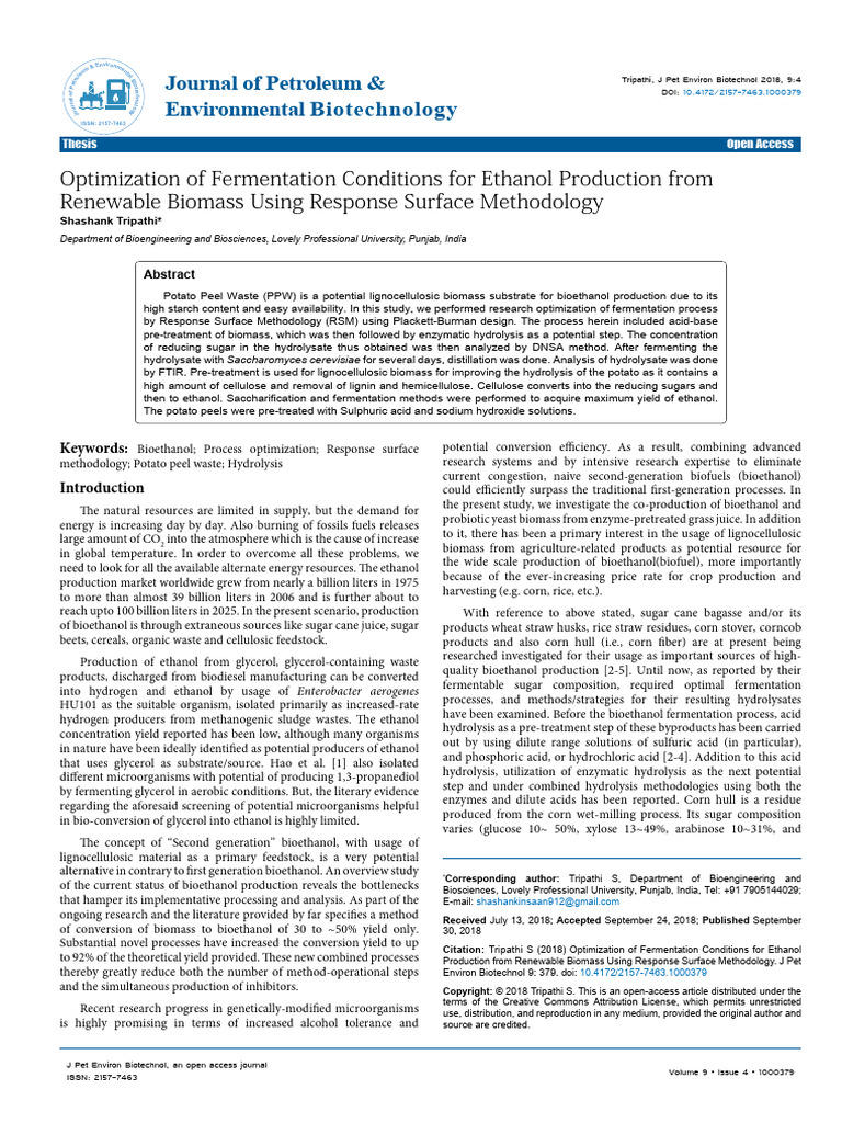Optimization Of Fermentation Conditions For Ethano Pdf Biofuel Ethanol