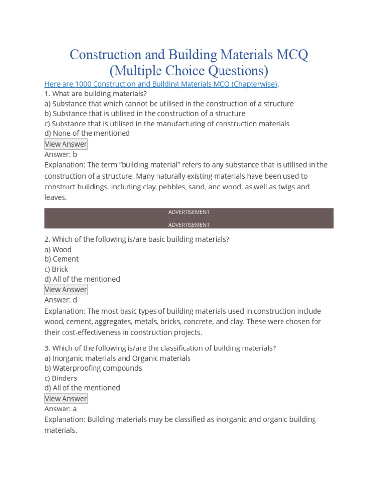 Construction and Building Materials MCQ (Multiple Choice Questions ...