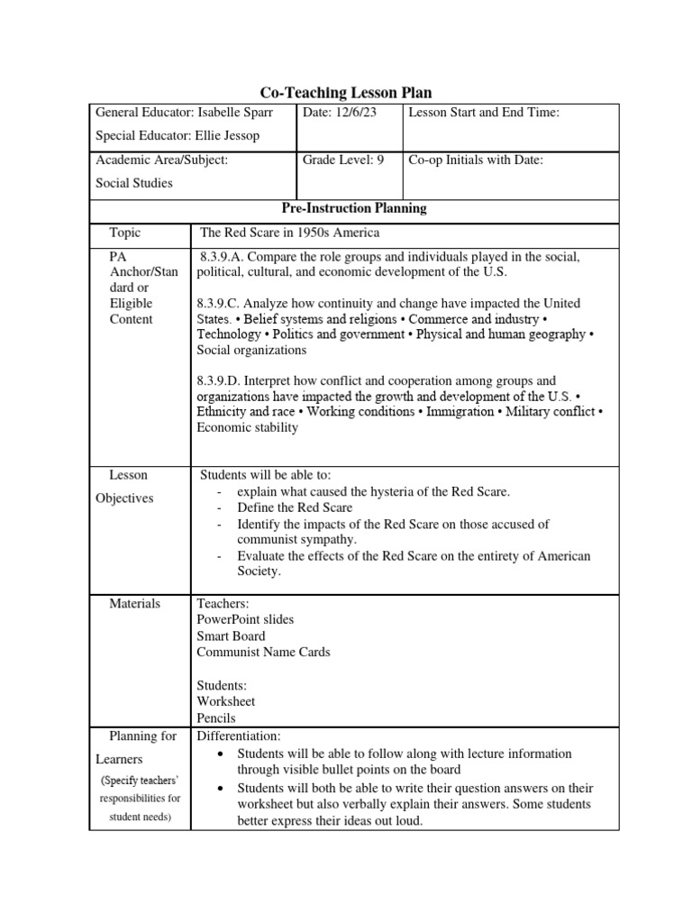 9th Grade Red Scare Co-Teaching Plan | PDF | Teachers | Disability