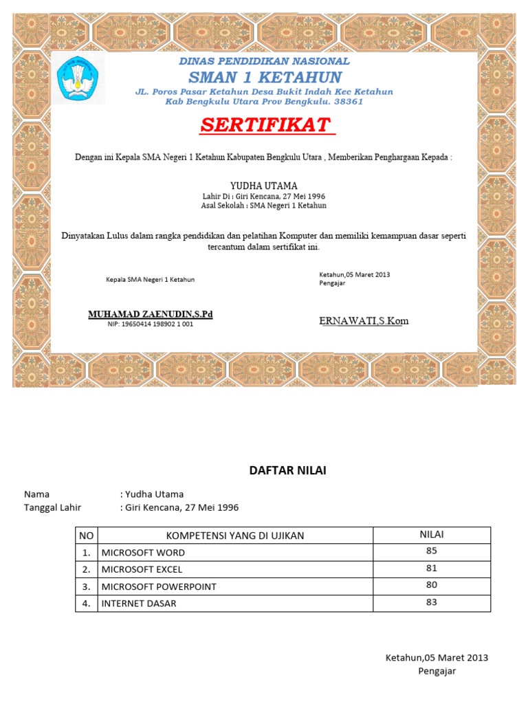 Contoh Sertifikat Komputer | PDF