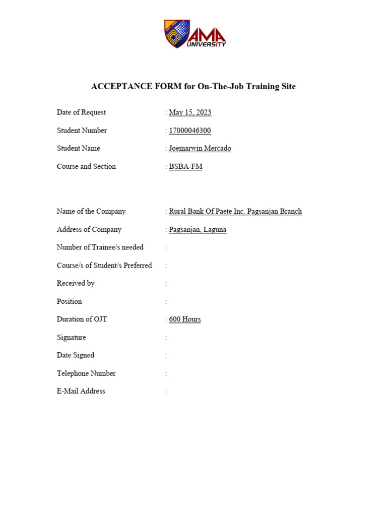 Mariz Acceptance Form | PDF