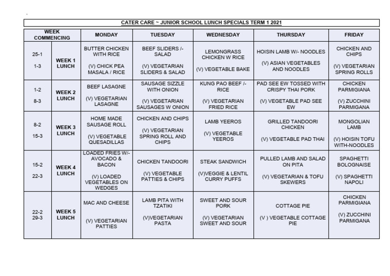 Junior School Lunch Menu 2021 | PDF | Lunch | French Fries