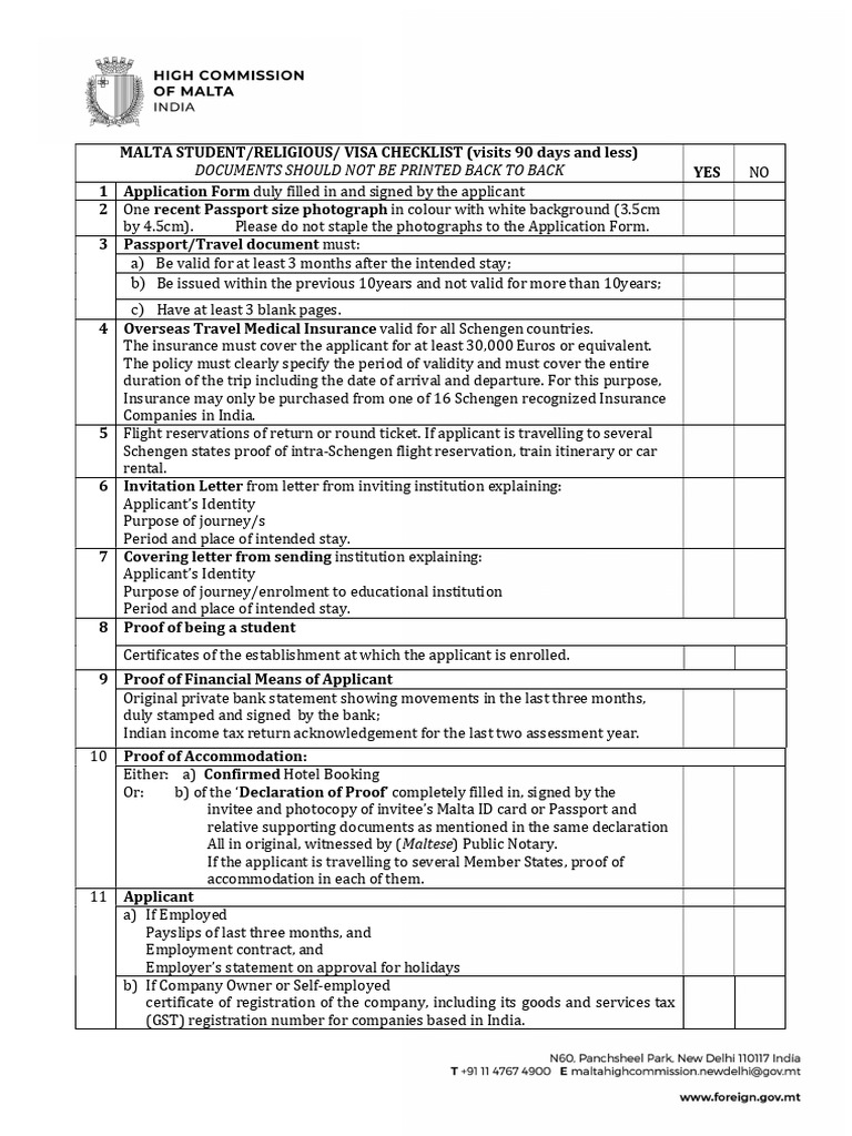 Malta - Student Visa - Checklist (3) (7) (4) (3) | PDF | Identity ...