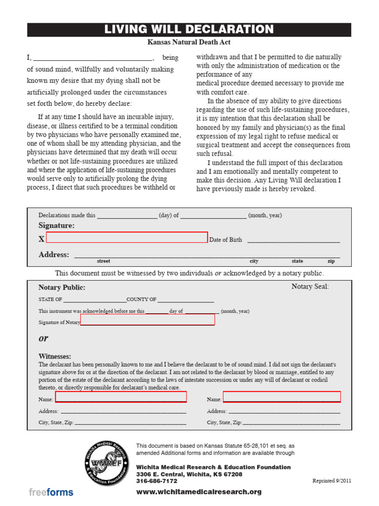 Kansas Living Will Declaration Form | PDF | Health Care | Medicine