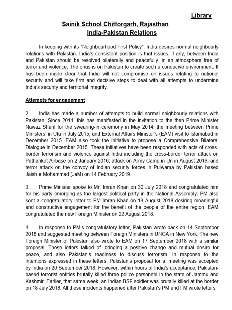 India-Pakistan Relations Overview | PDF | Government | International ...
