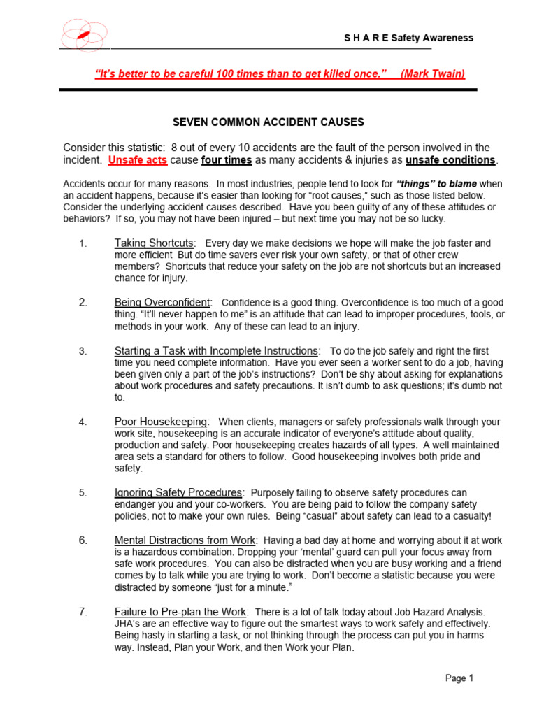 Seven Common Accident Causes - 3-18-03 | PDF | Safety | Psychology