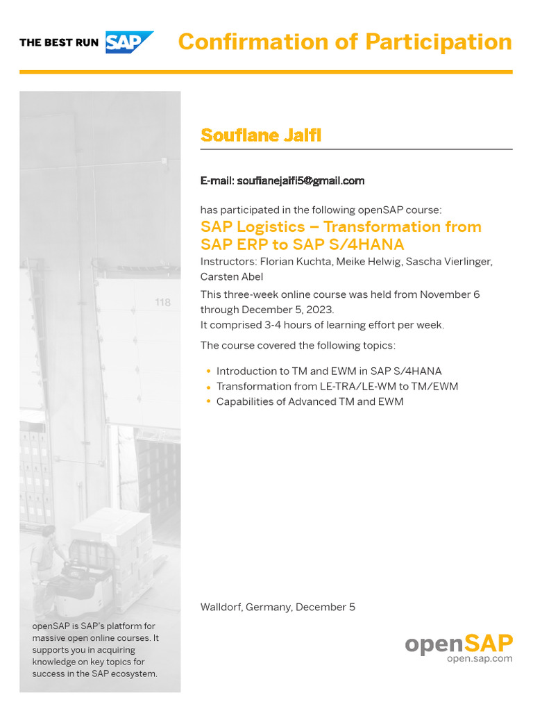 SAP Logistics - Transformation From SAP ERP To SAP S-4HANA - Confirmation of Participation | PDF