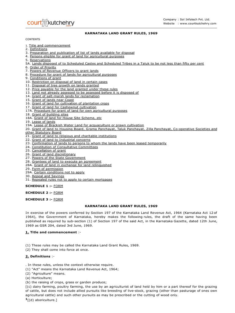 Karnataka Land Grant Rules, 1969 | PDF | Lease | Prices