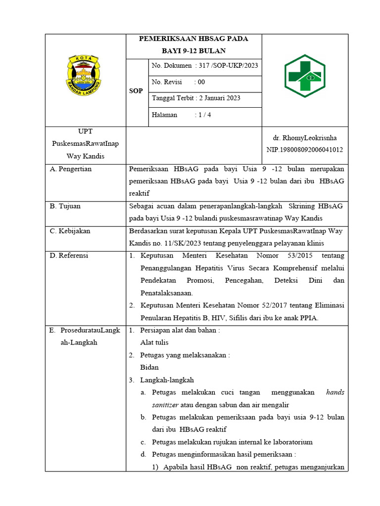 SOP Skrining HBsAG Pada Bayi Usia 9-12 Bulan | PDF