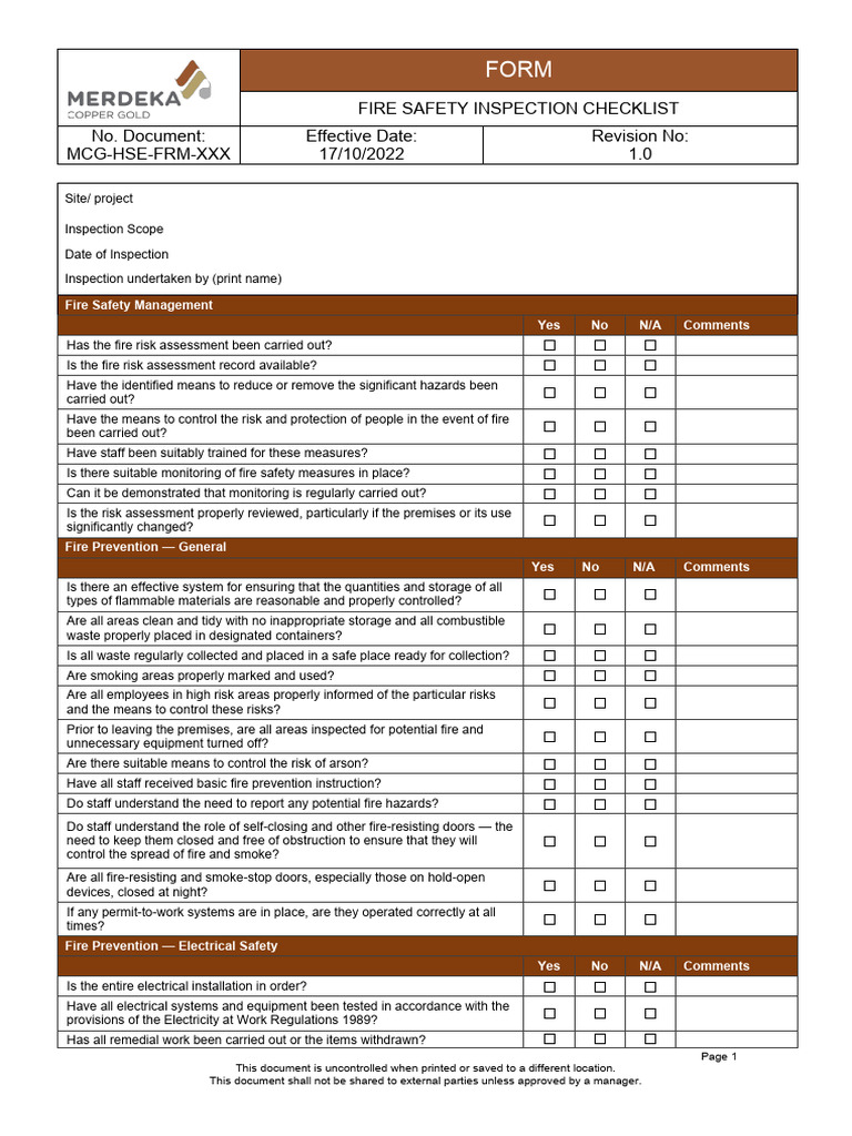 Fire Safety Audit Checklist | PDF | Fire Safety | Fires