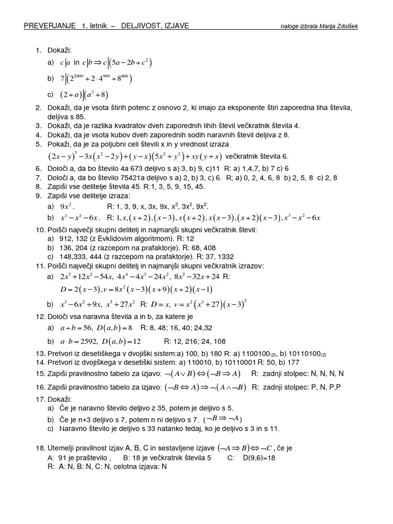 Deljivost, Izjave - Preverjanje 1 | PDF