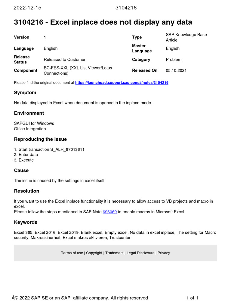 Excel Inplace Does Not Display Any Data: Symptom | PDF