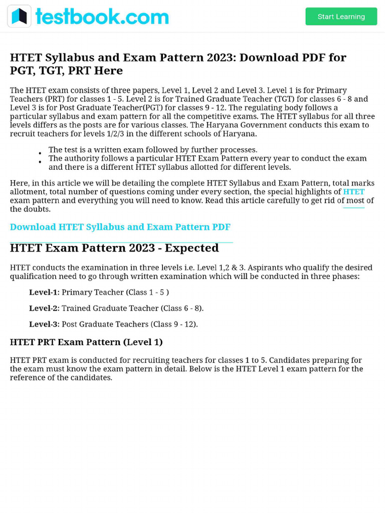 HTET Syllabus and Exam Pattern 2023 - Download PDF For PGT, TGT, PRT Here | PDF
