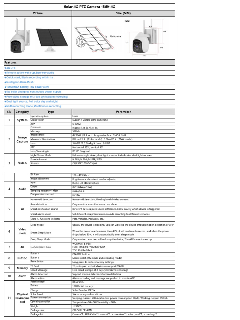 Solar 4G PTZ Camera BS9-4G Overview | PDF | Video | Image Scanner
