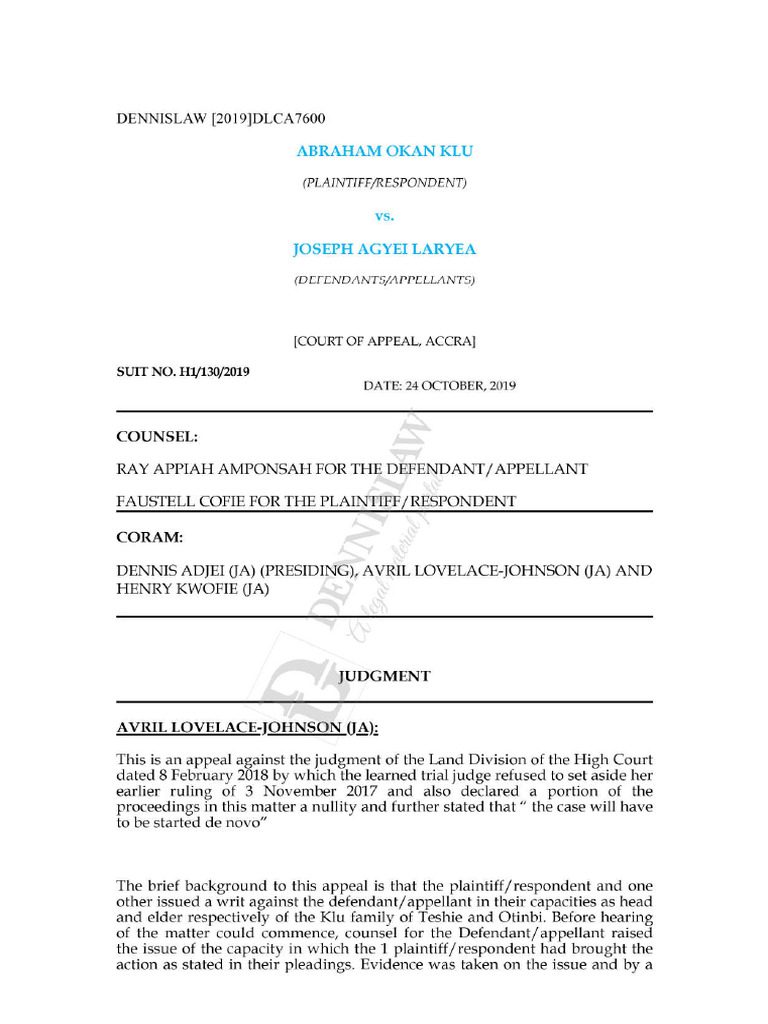 ABRAHAM OKAN KLU vs. JOSEPH AGYEI LARYEA | PDF | Trials | Appeal