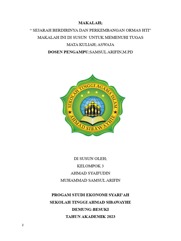 " Sejarah Berdirinya Dan Perkembangan Ormas Hti" Makalah Ini Di Susun Untuk Memenuhi Tugas Mata ...