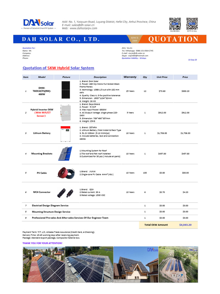 DAH 5KW Hybrid Solar System Quotation-Via-23.9.13 | PDF | Electronics ...
