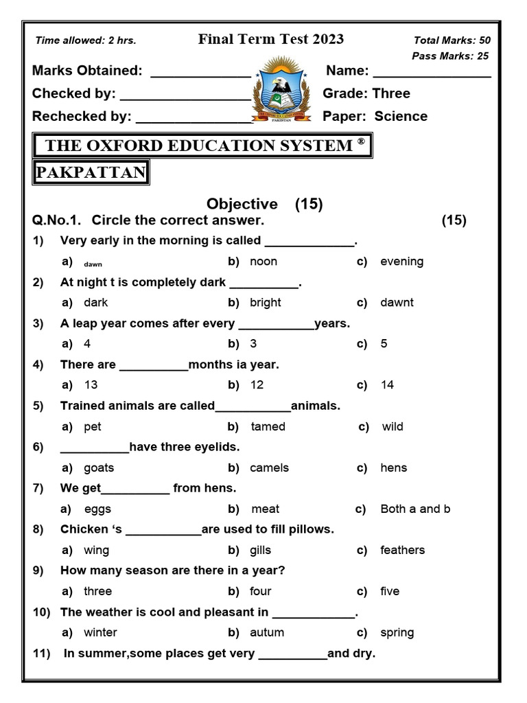 Test Final Term Class Two S.ST 6-12-2023 (1) .Do | PDF | Water | Chicken