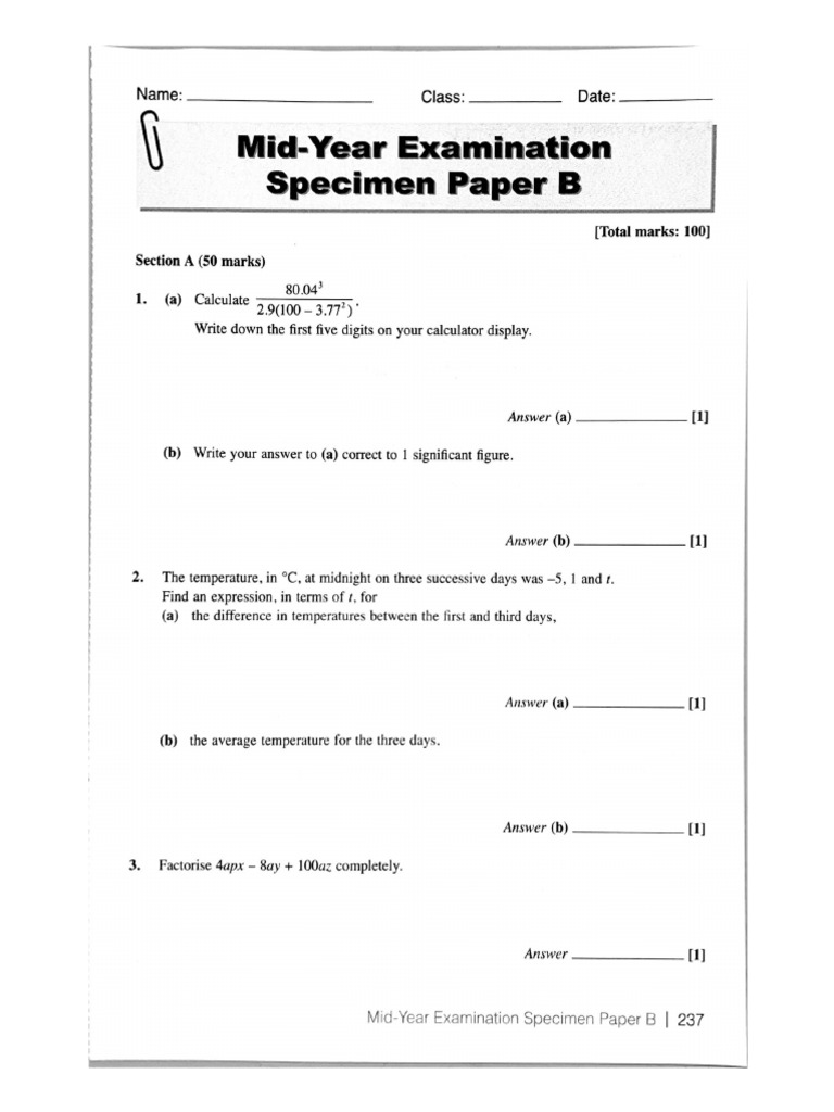 Mid-Year Examination Sec 1 Set B | PDF