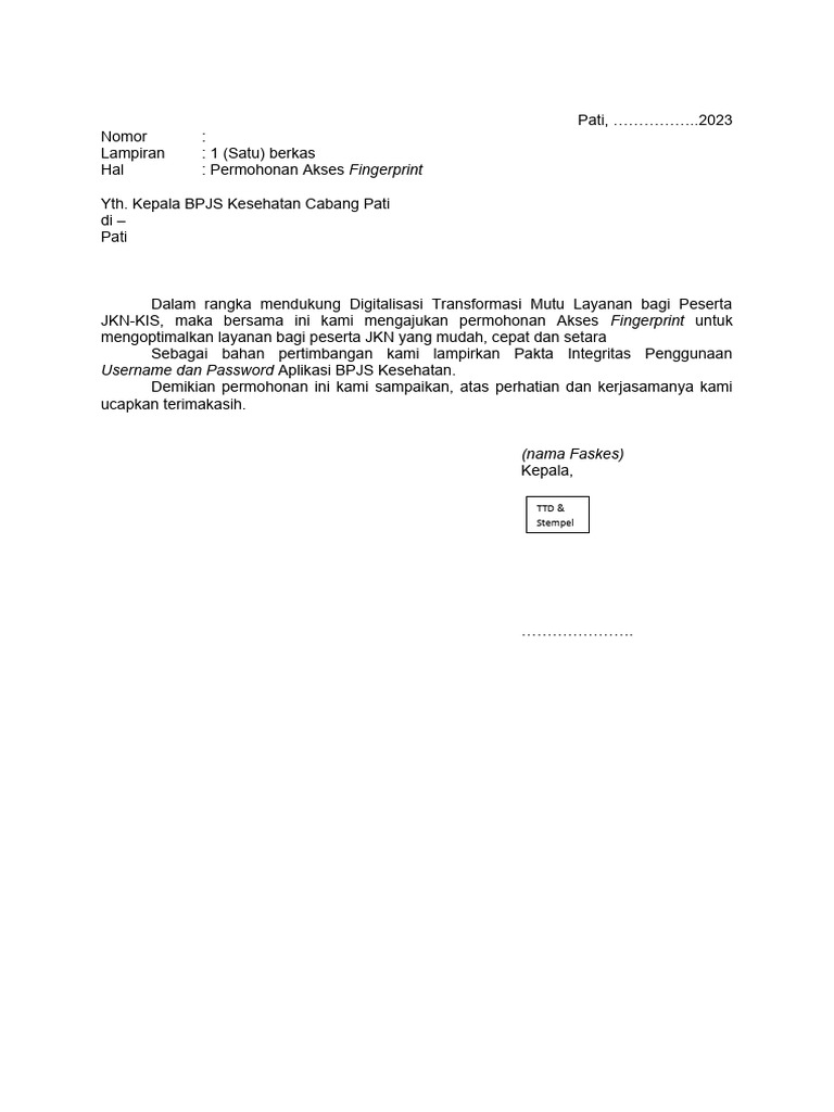 Contoh Surat Permohonan Akses Fingerprint | PDF
