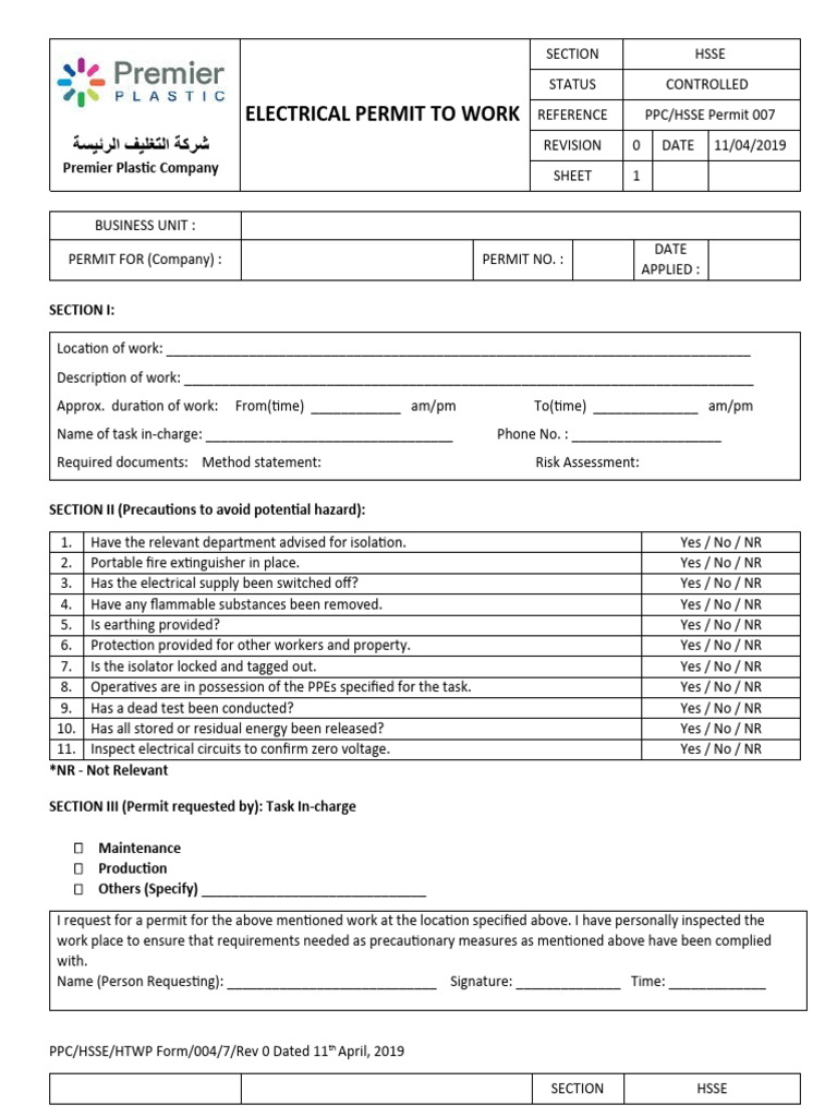 Electrical Permit To Work | PDF | Occupational Safety And Health ...