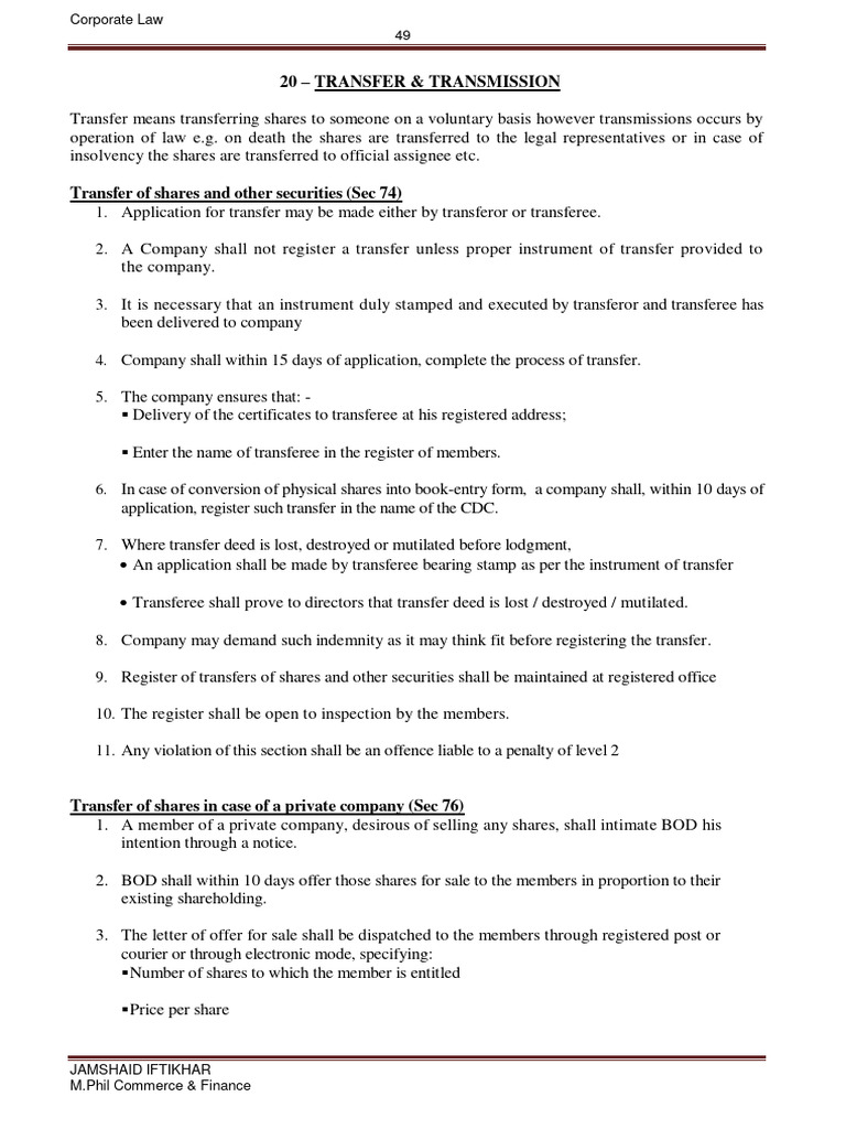 20-Transfer & Tranmission | PDF | Securities (Finance) | Inheritance