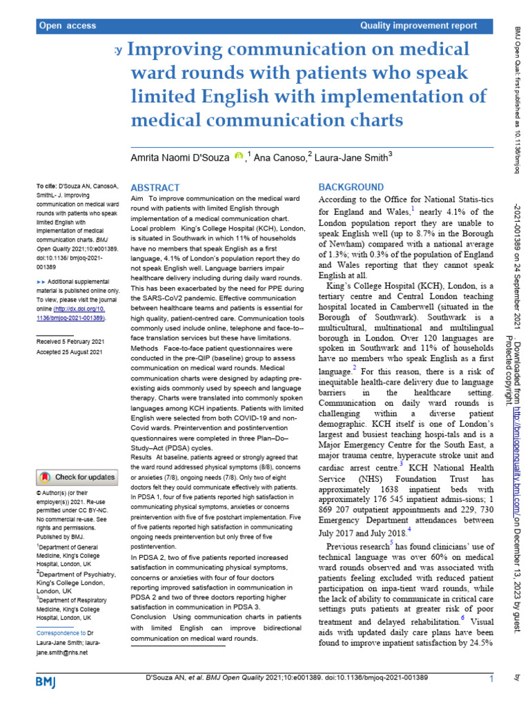 Improving Communication On Medical Ward Rounds With Patients Who Speak ... Improving Communication On Medical Ward Rounds With Patients Who Speak ...