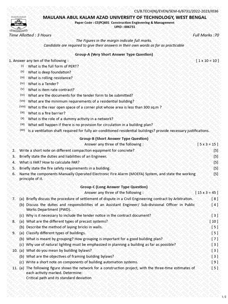 CE (PC) 601 Constructi On Engineering & Management | PDF