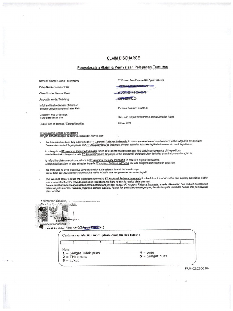 Contoh Claim Discharge Dan Proposed Adjusment Claim @ | PDF