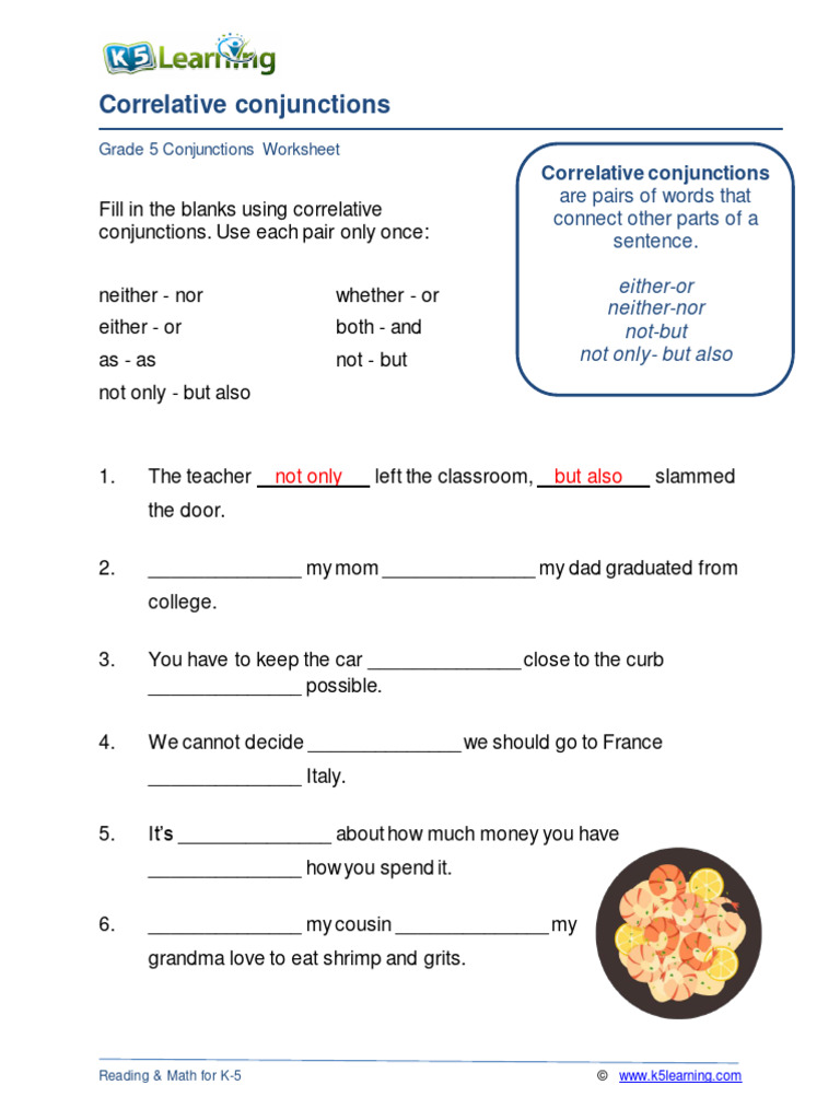 Grade 5 Correlative Conjunctions Worksheet | PDF