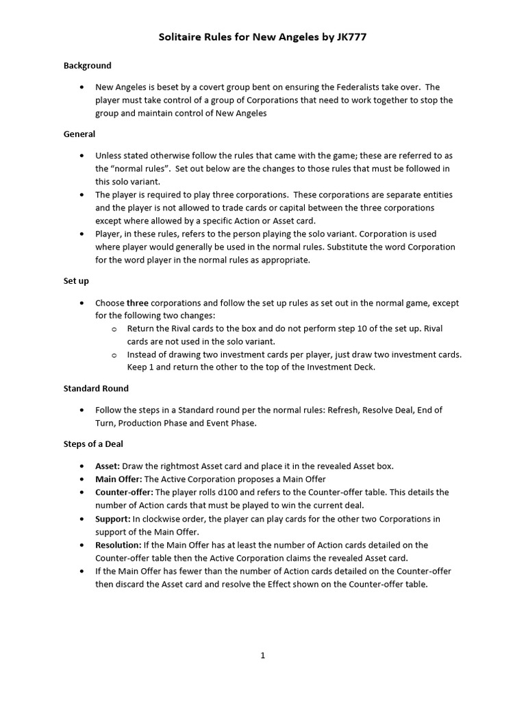 New Angeles Solo Rules v1.0 | PDF | Economies | Games Of Mental Skill