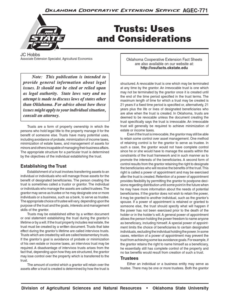 Trusts Uses and Considerations Agec 771 | PDF | Trust Law | Trustee