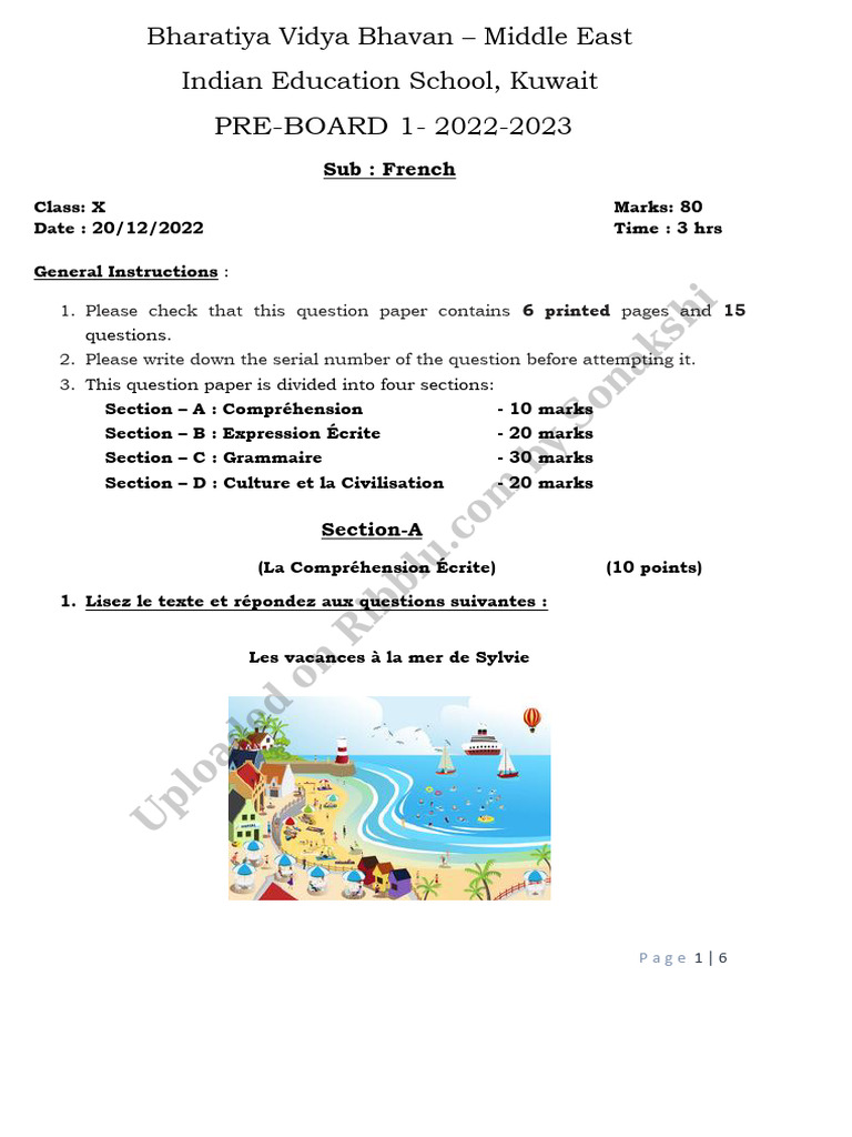 Class 10 French Question Paper Pre Board 2023 Bhartiya Vidya Bhavan | PDF