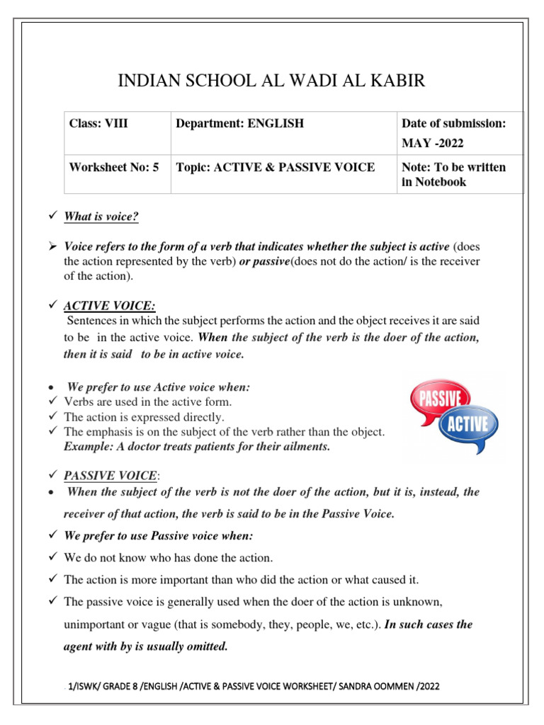 Grade 8 Active & Passive Voice Worksheet | PDF | Verb | Subject (Grammar)