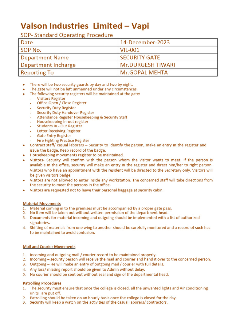 Security Gate SOP | PDF | Emergency | Public Safety