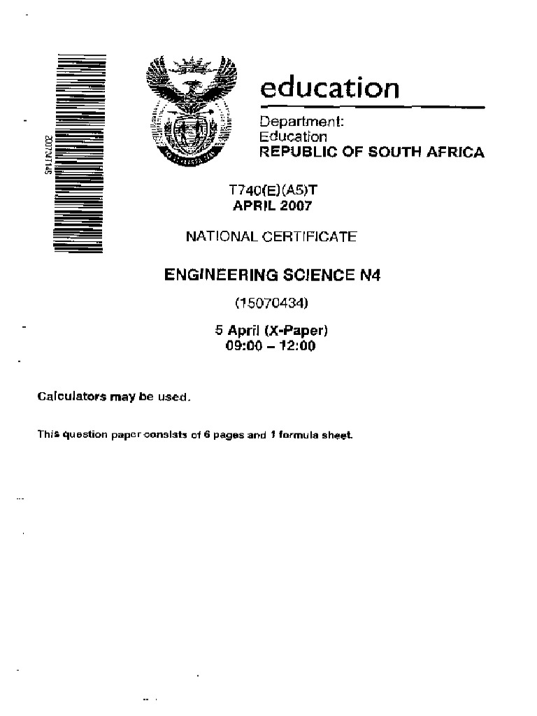 Engineering Science n4 apr2007QP | PDF
