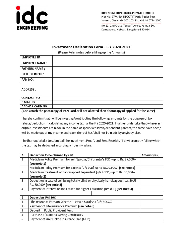 IDC - Investment Declaration Form For Tax Saving For Financial Year ...
