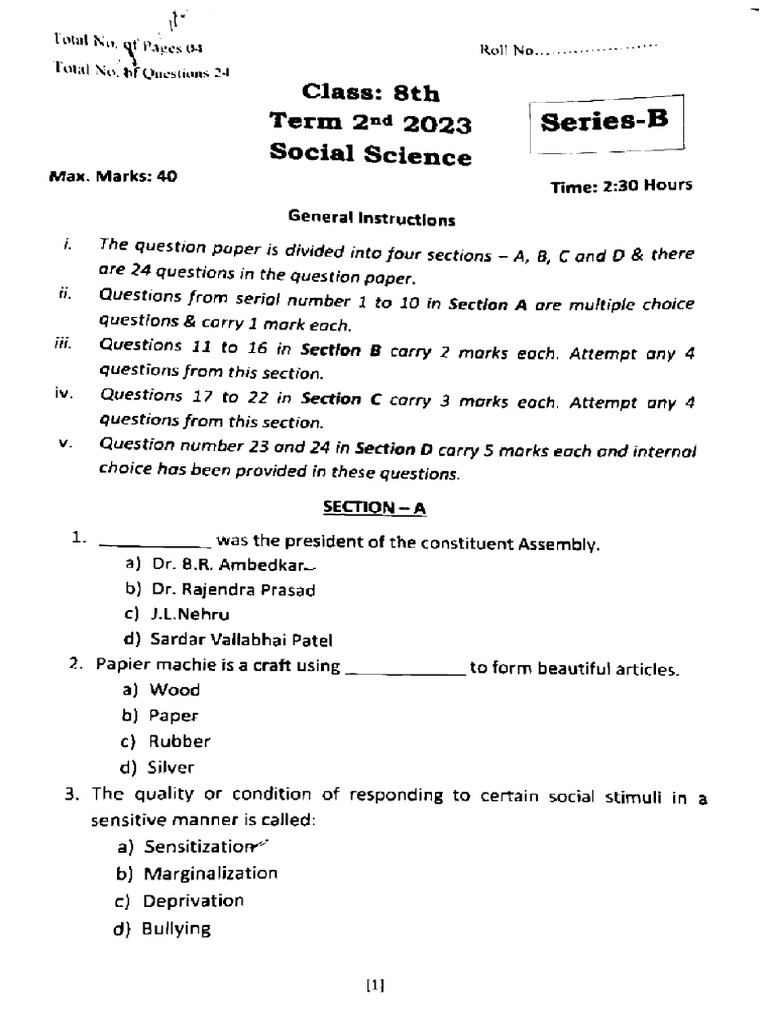 JK Bose Class 8 t2 Social Science Set B 200323 2023 | PDF