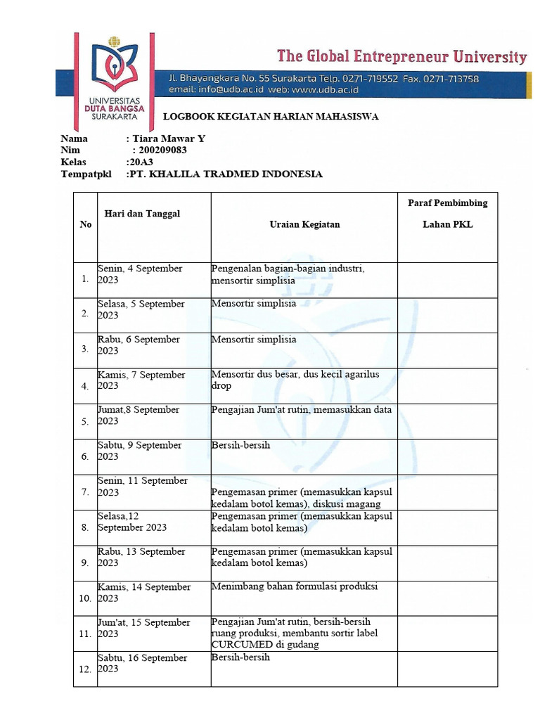 Logbook Kegiatan PKL di Khalila Tradmed | PDF