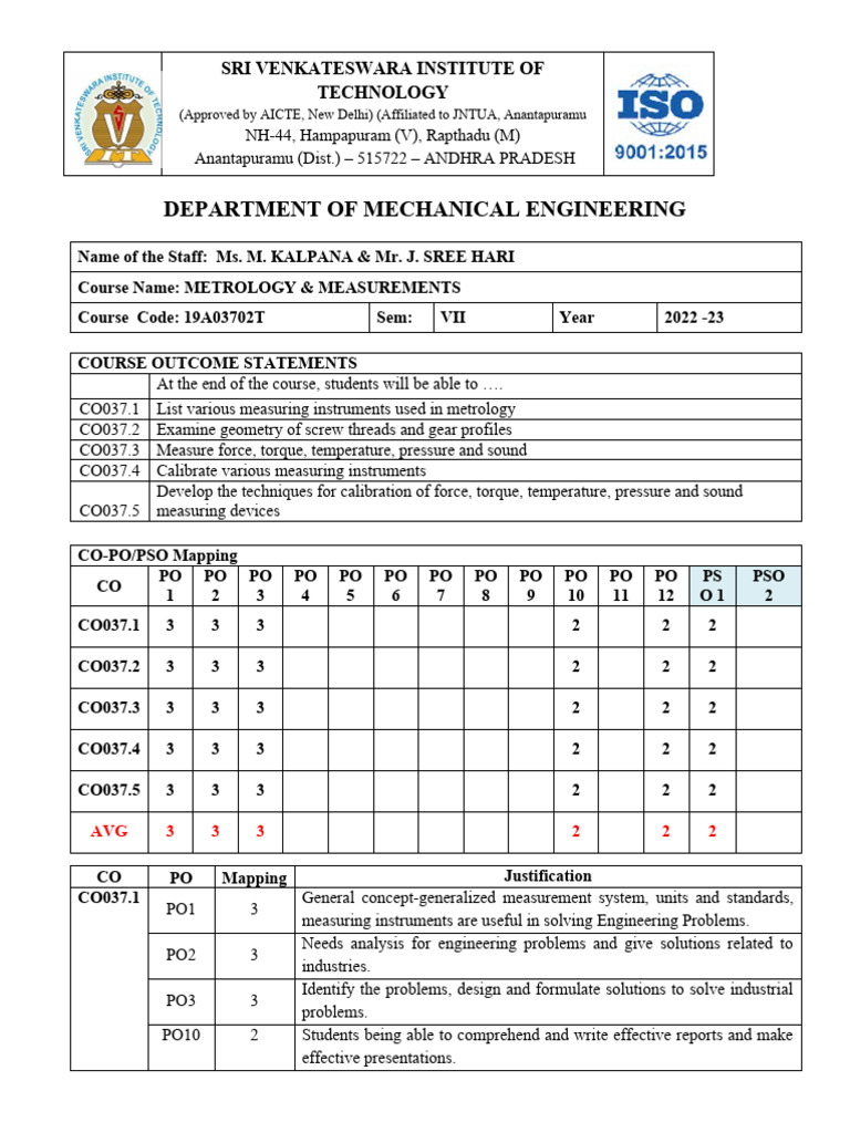 Co - Po Justification - M&M - Vii Semester | PDF | Calibration ...