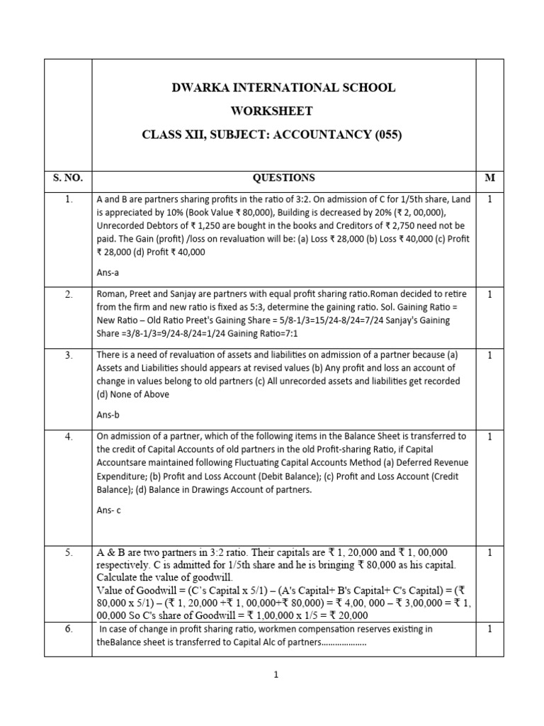 Class 12 Accountancy Worksheet | PDF | Goodwill (Accounting) | Balance ...