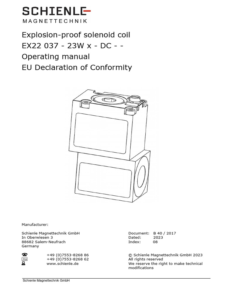 Explosion-Proof Solenoid Coil EX22 037 - 23W X - DC - Operating Manual EU Declaration of ...