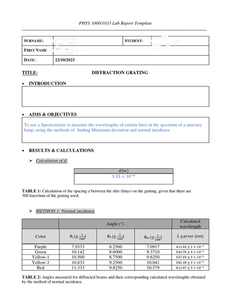 EXP - 08 Diffraction Grating | PDF | Diffraction | Wavelength