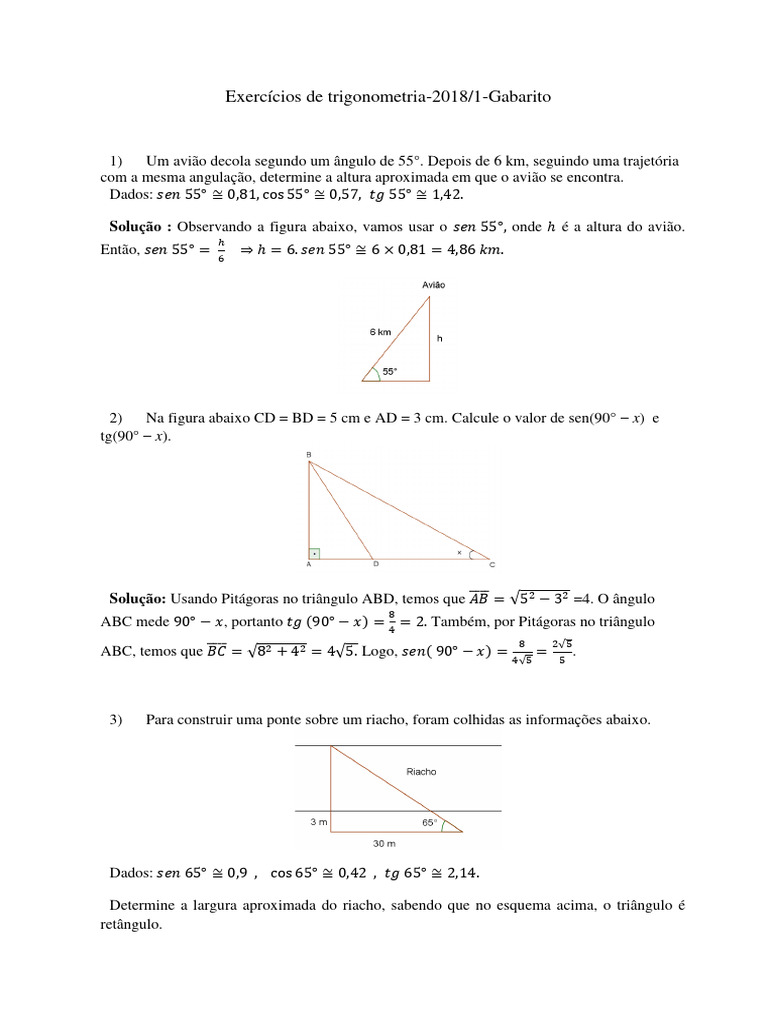Exercícios de Trigonometria - Gabarito | Download grátis PDF ...
