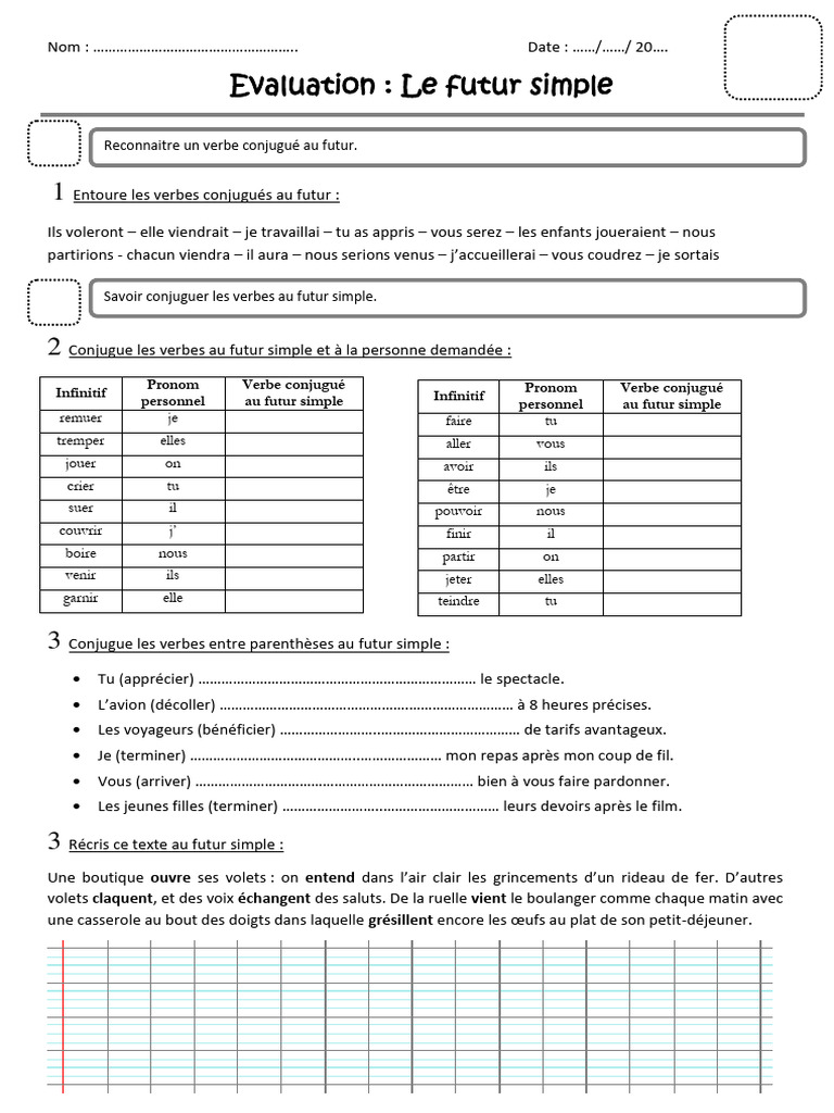 Évaluation du Futur Simple CE2-CM2 | PDF | Mécanique du langage | Grammaire
