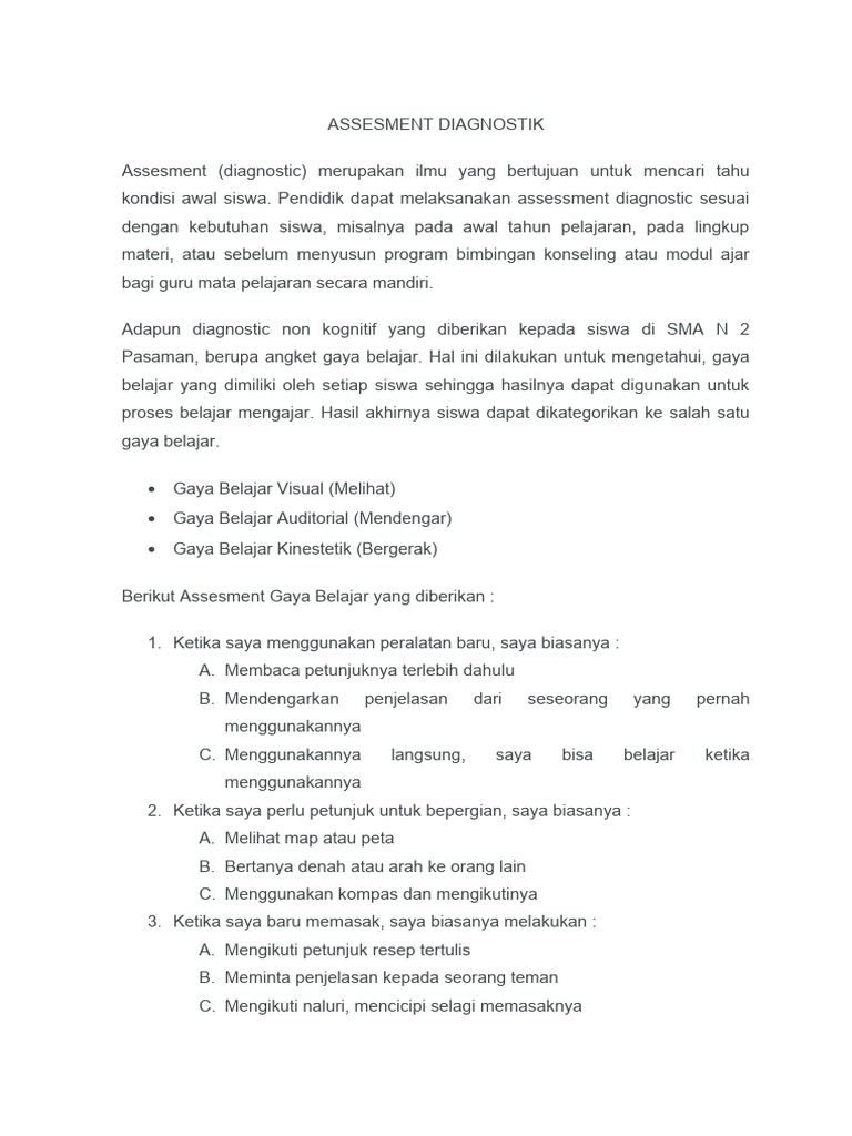 ASSESMENT DIAGNOSTIK Gaya Belajar | PDF