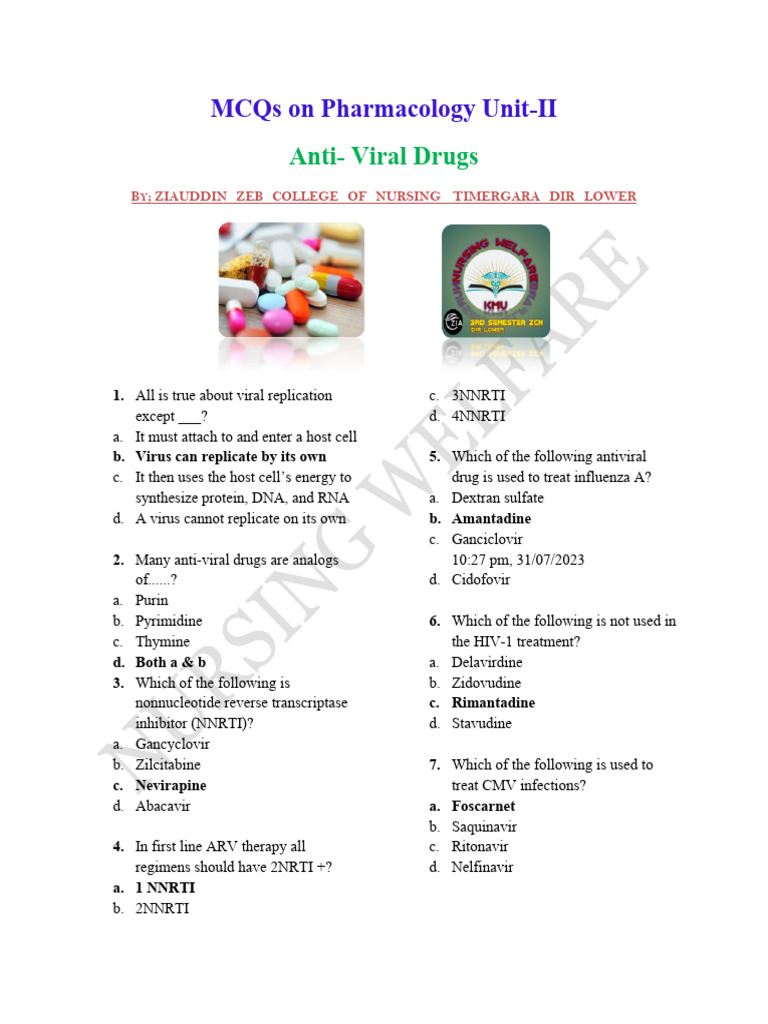 MCQs of Pharmacology Unit-2 (D) Anti-Viral Drugs | PDF | Antiviral Drug | Virus