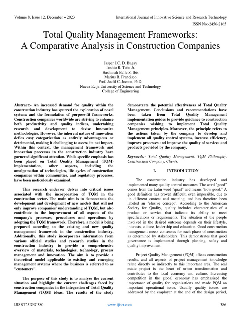 Total Quality Management Frameworks: A Comparative Analysis in Construction Companies | PDF ...
