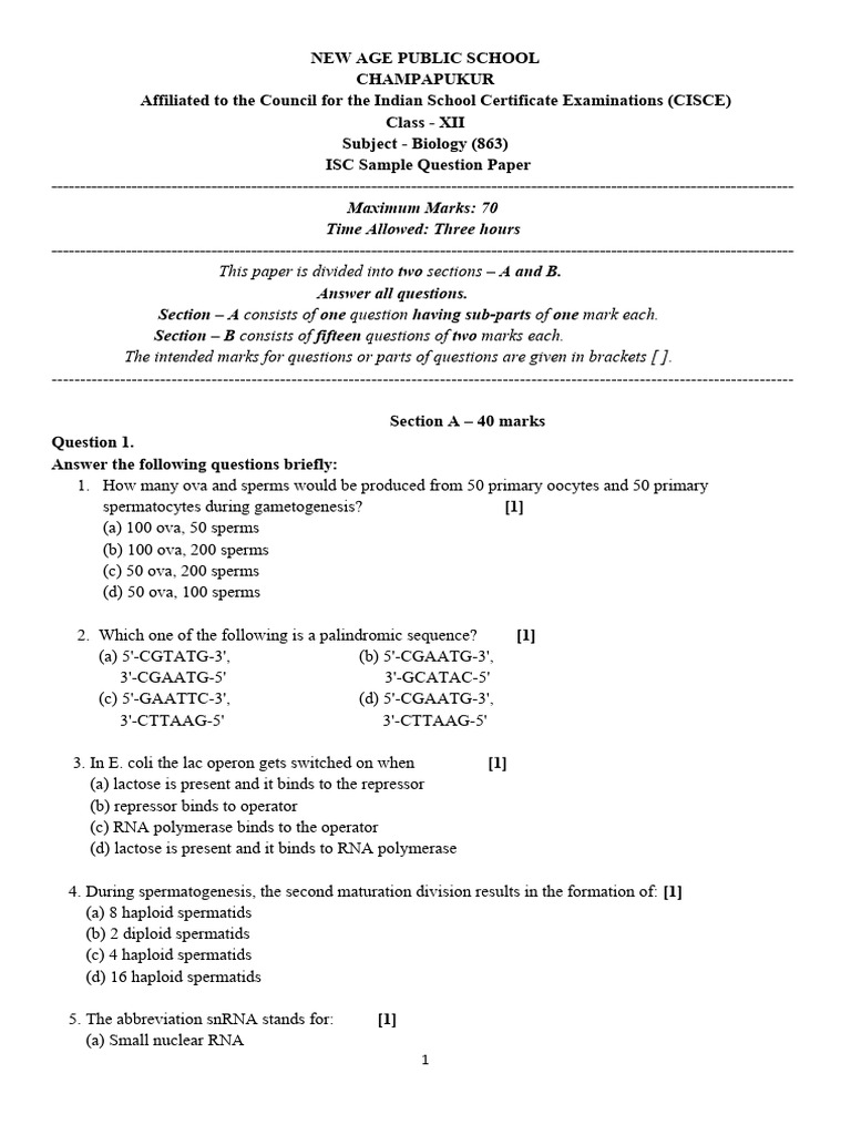 ISC Sample Test Paper | PDF | Operon | Menstrual Cycle